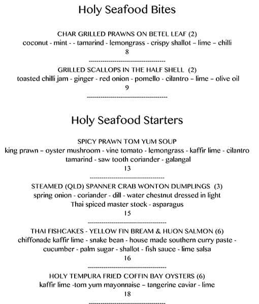 Menu at Holy Basil Thai restaurant, Croydon