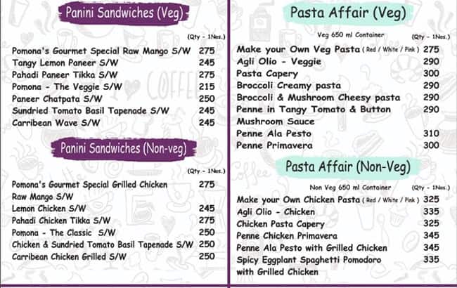 Menu of Pomona, Matunga East, Mumbai