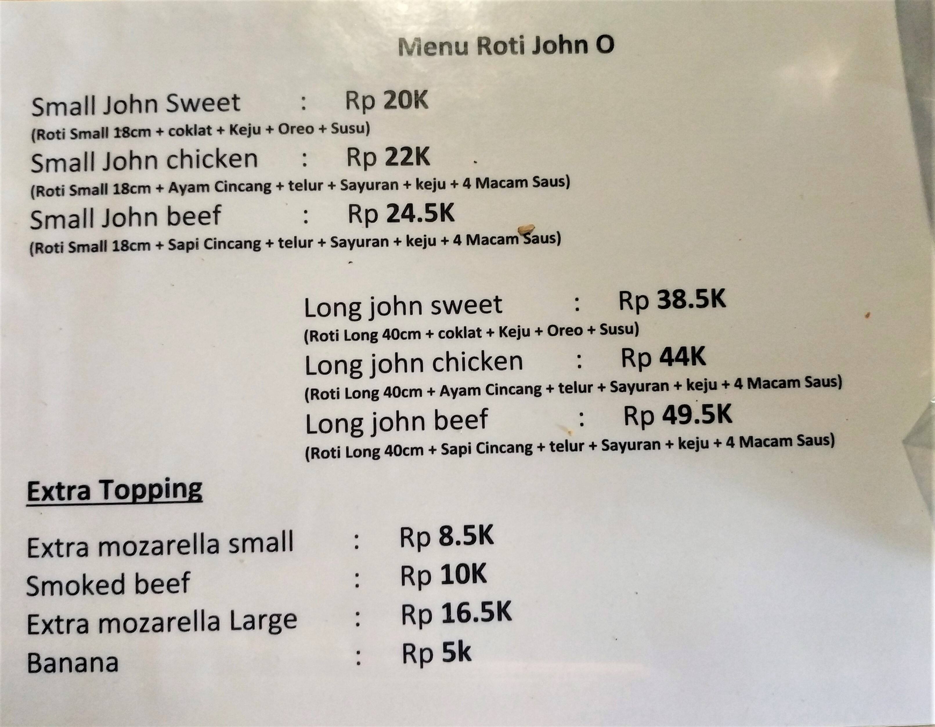 Menu at Roti John O restaurant, West Jakarta