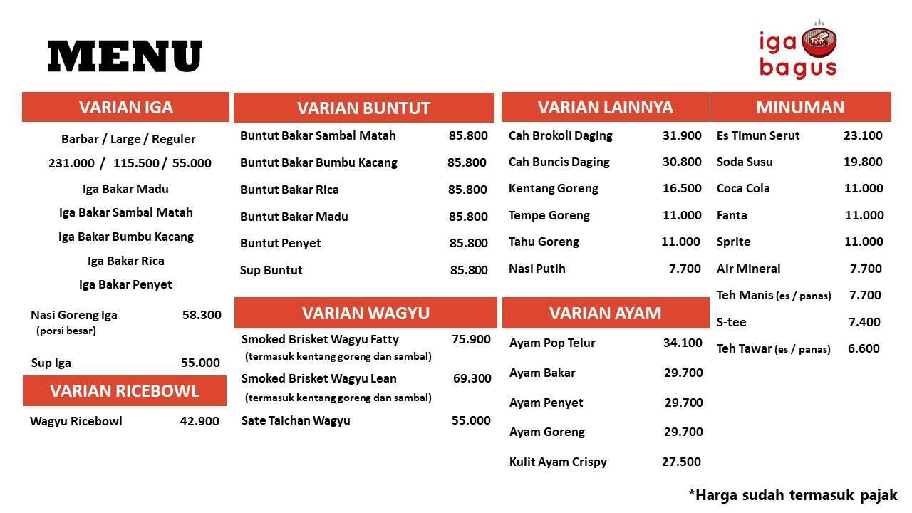 Menu at Iga Bagus restaurant, Jakarta