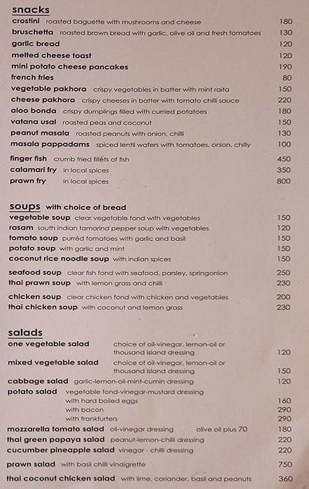 Menu of The German Bakery, Kovalam, Trivandrum