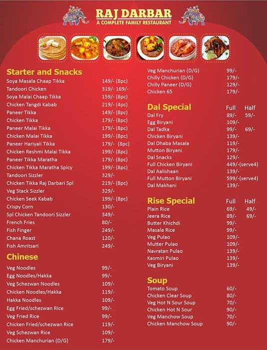 Menu of Raj Darbar, BHEL, Bhopal