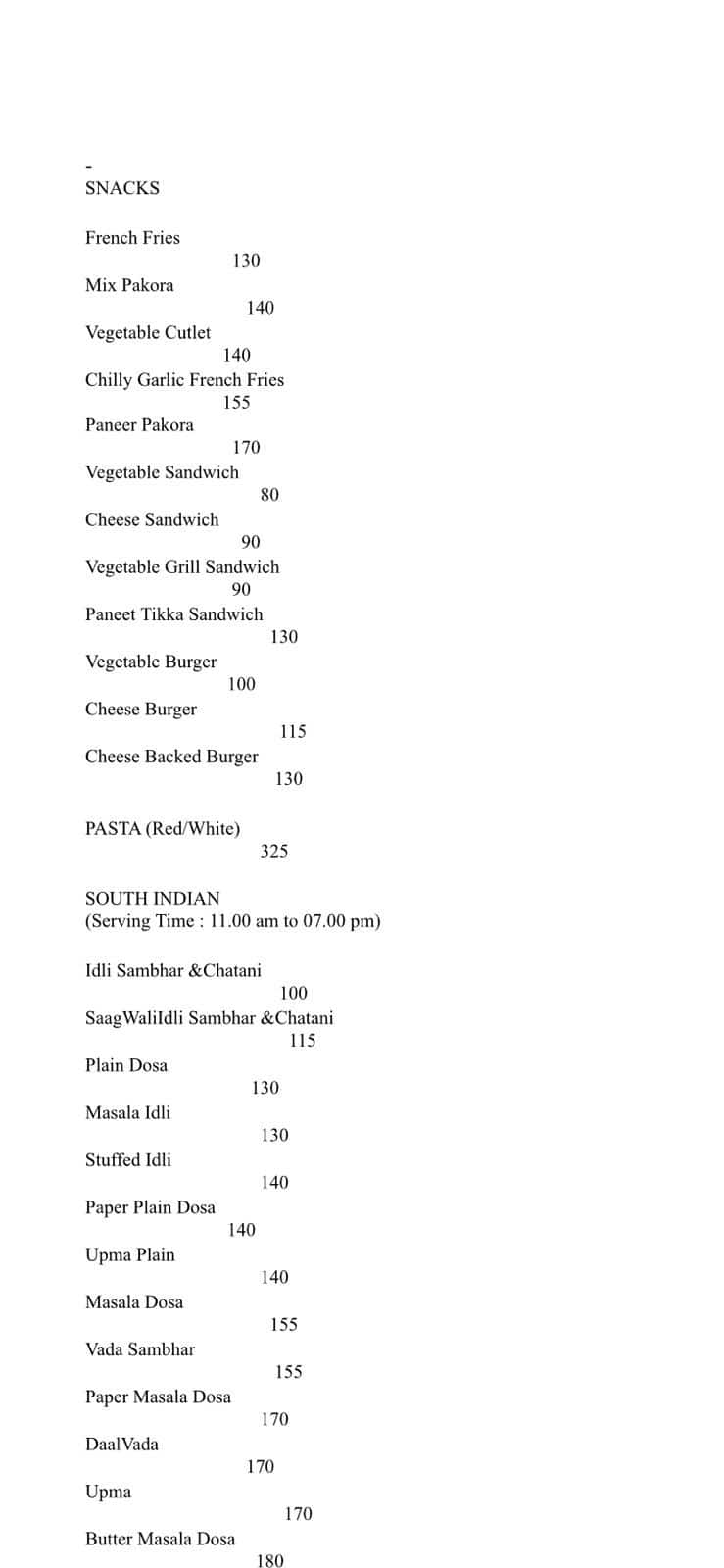 Menu at The Shah Imperial, Gwalior