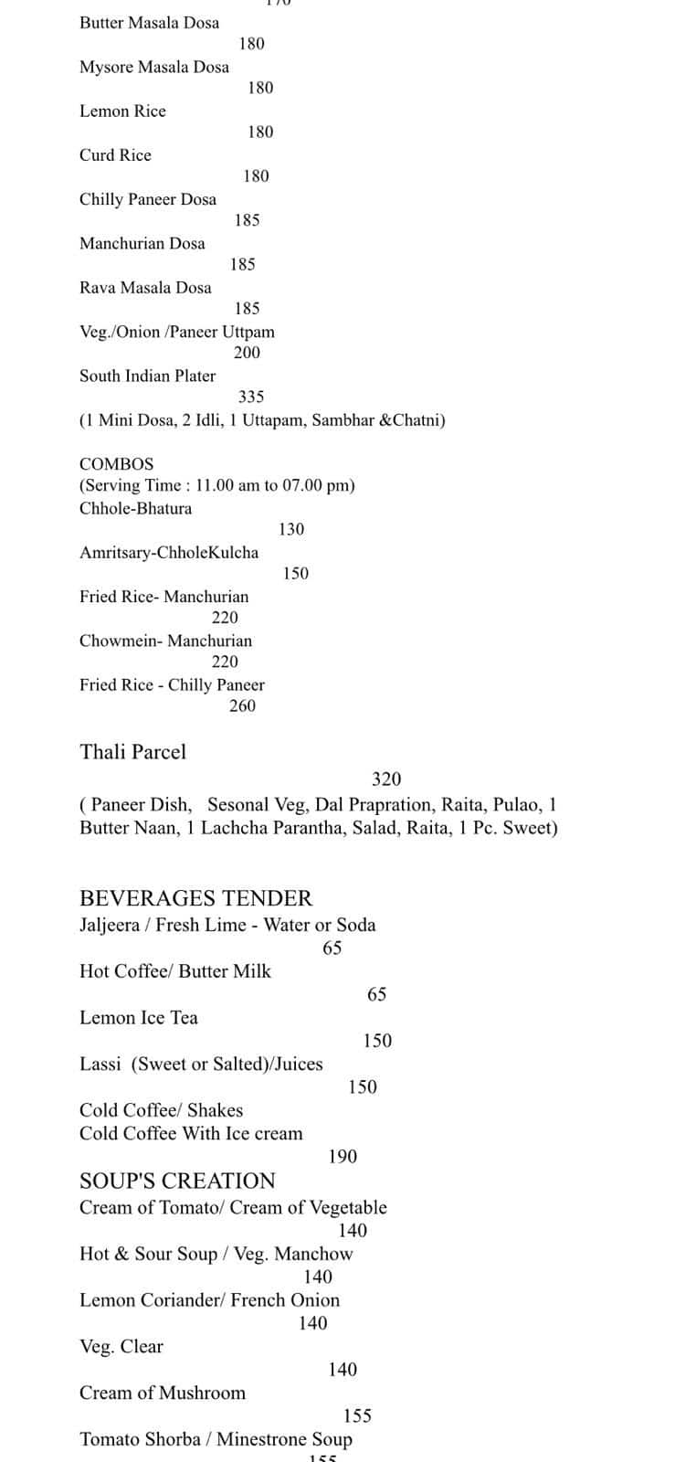 Menu at The Shah Imperial, Gwalior