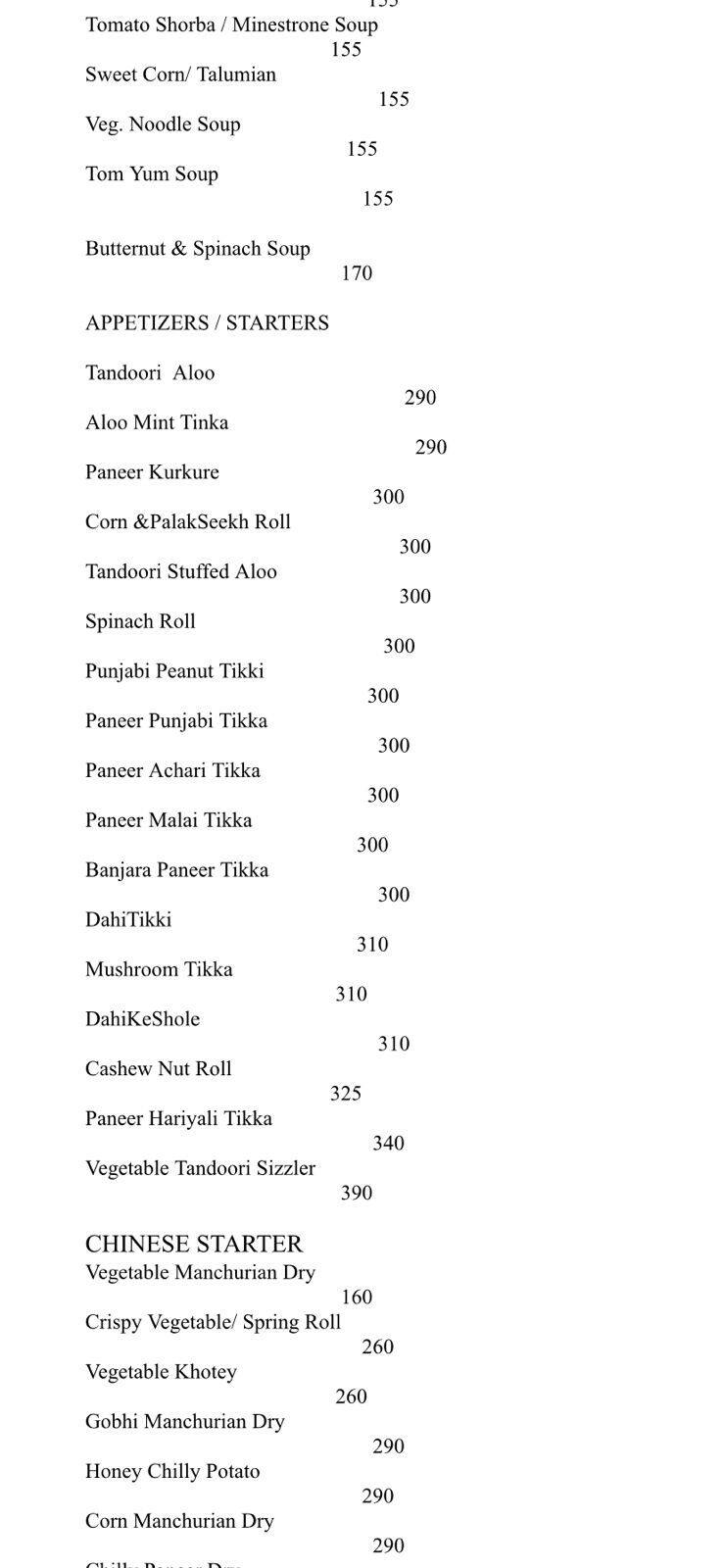 Menu at The Shah Imperial, Gwalior