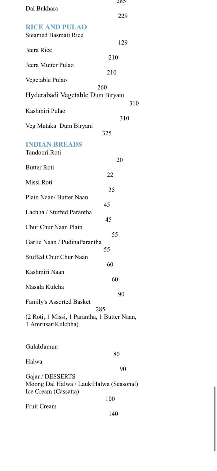 Menu at The Shah Imperial, Gwalior