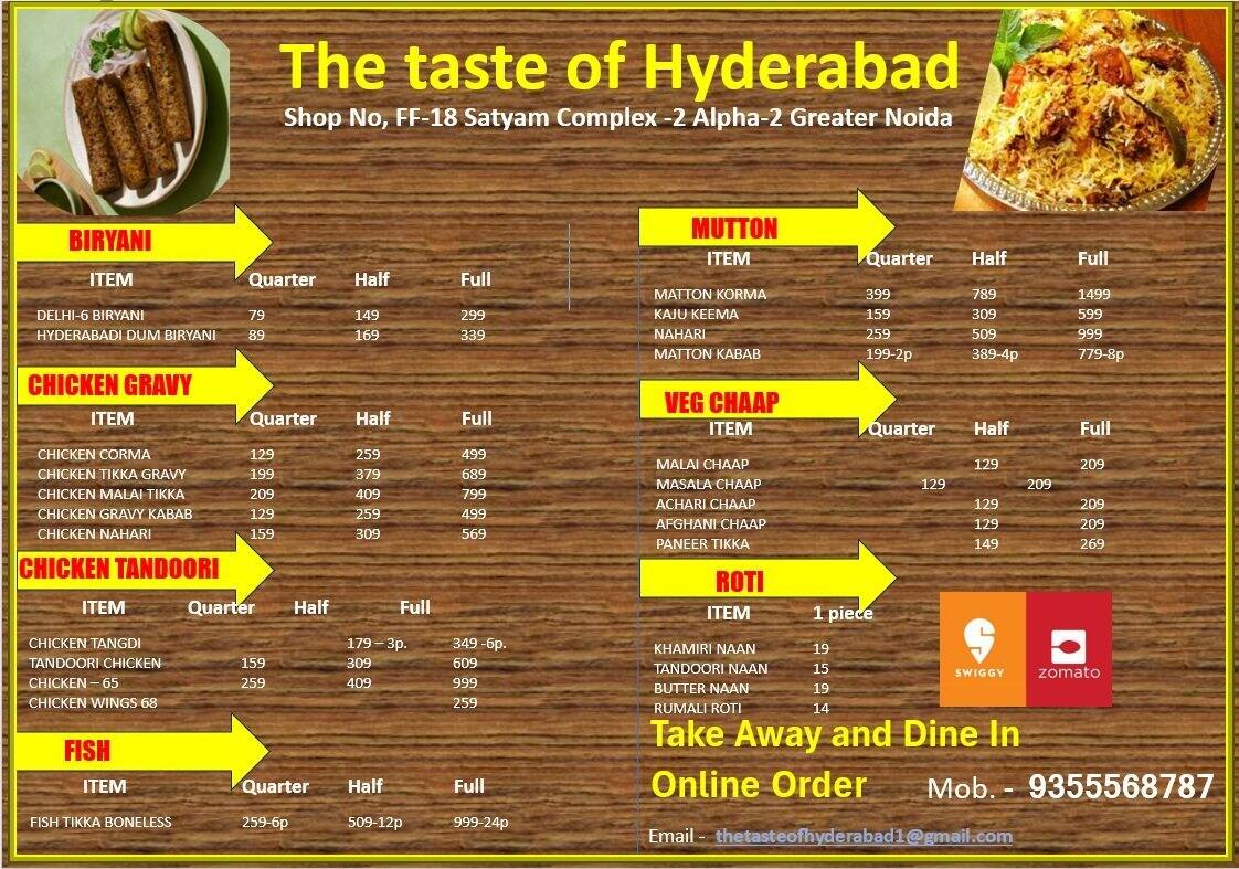 Menu of The Taste Of Hyderabad, Alpha 2, Greater Noida