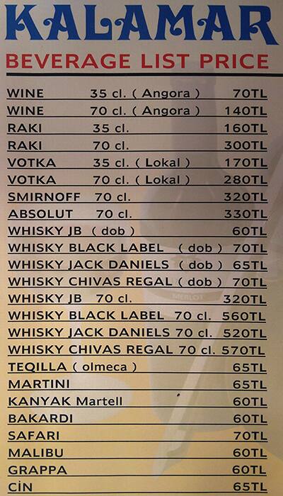 Menu at Kalamar Restaurant, Istanbul, Çapariz Sokak No:21-27