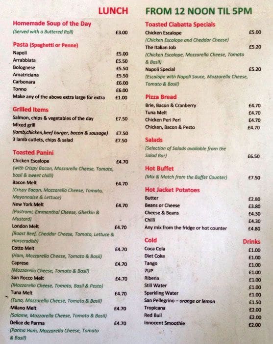 Menu at Gianni's cafe, London, 70 Horseferry Rd