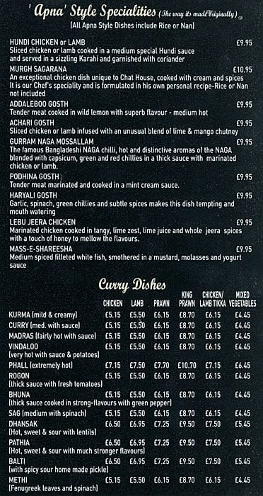 Menu at Chat House Indian Restaurant, Croydon, 14-16 Brighton Rd