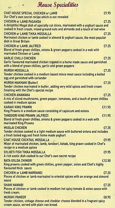 Menu at Chat House Indian Restaurant, Croydon, 14-16 Brighton Rd