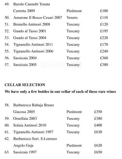 Menu at Santini restaurant, London, 29 Ebury St