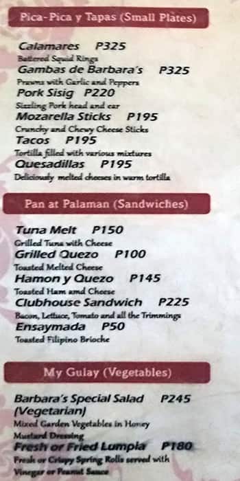 Menu at Barbara's Coffee Shop, Manila