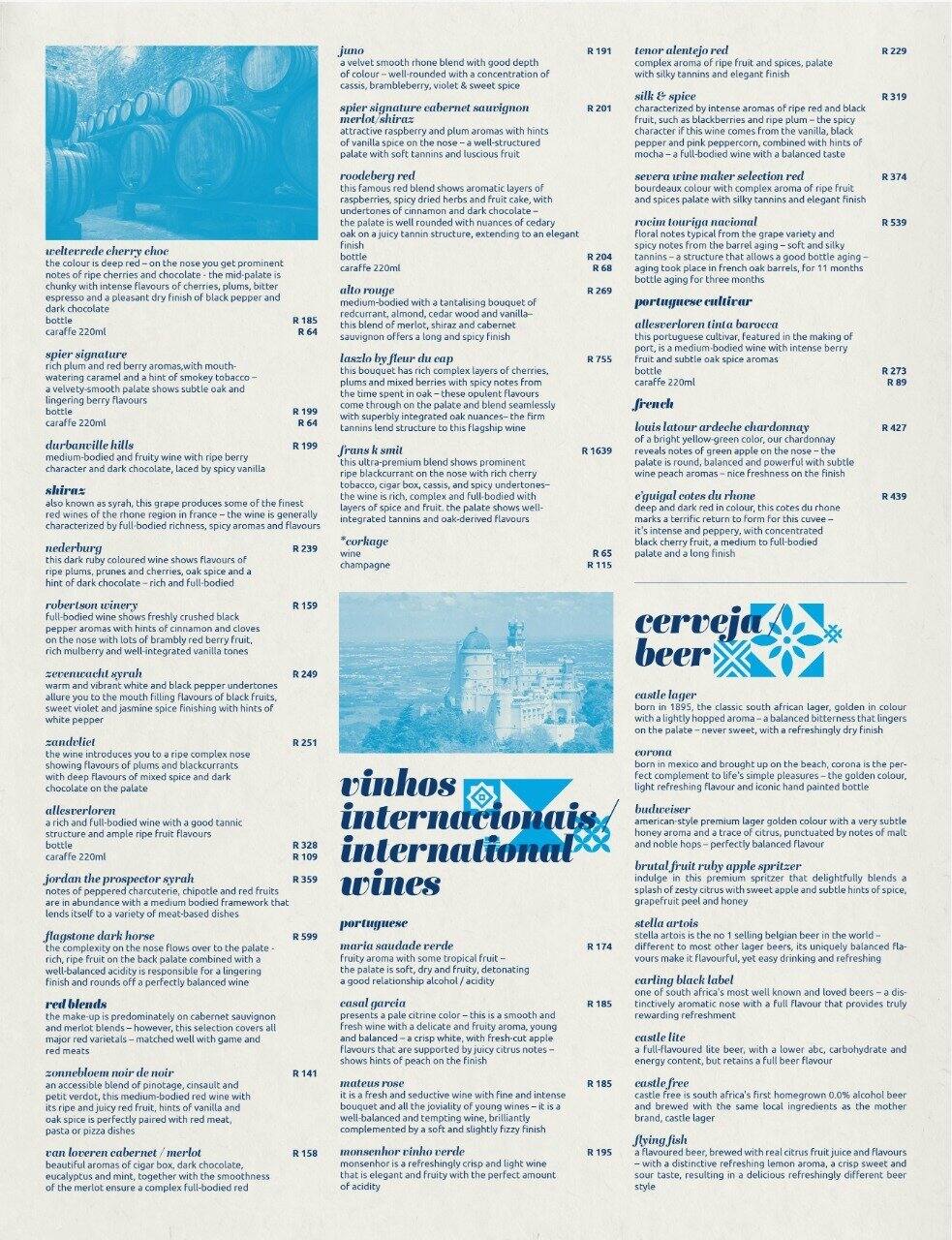 Menu au Adega restaurant, Alberton