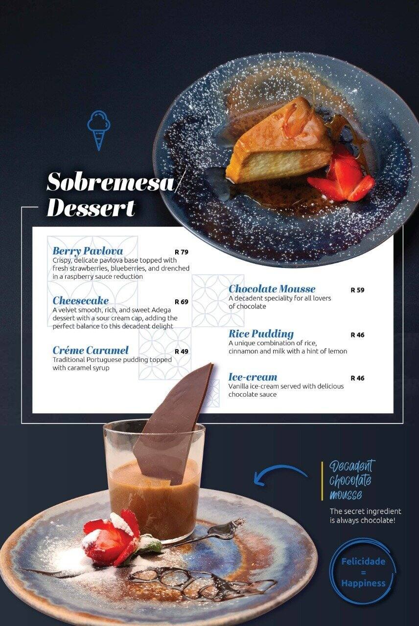 Menu au Adega restaurant, Alberton