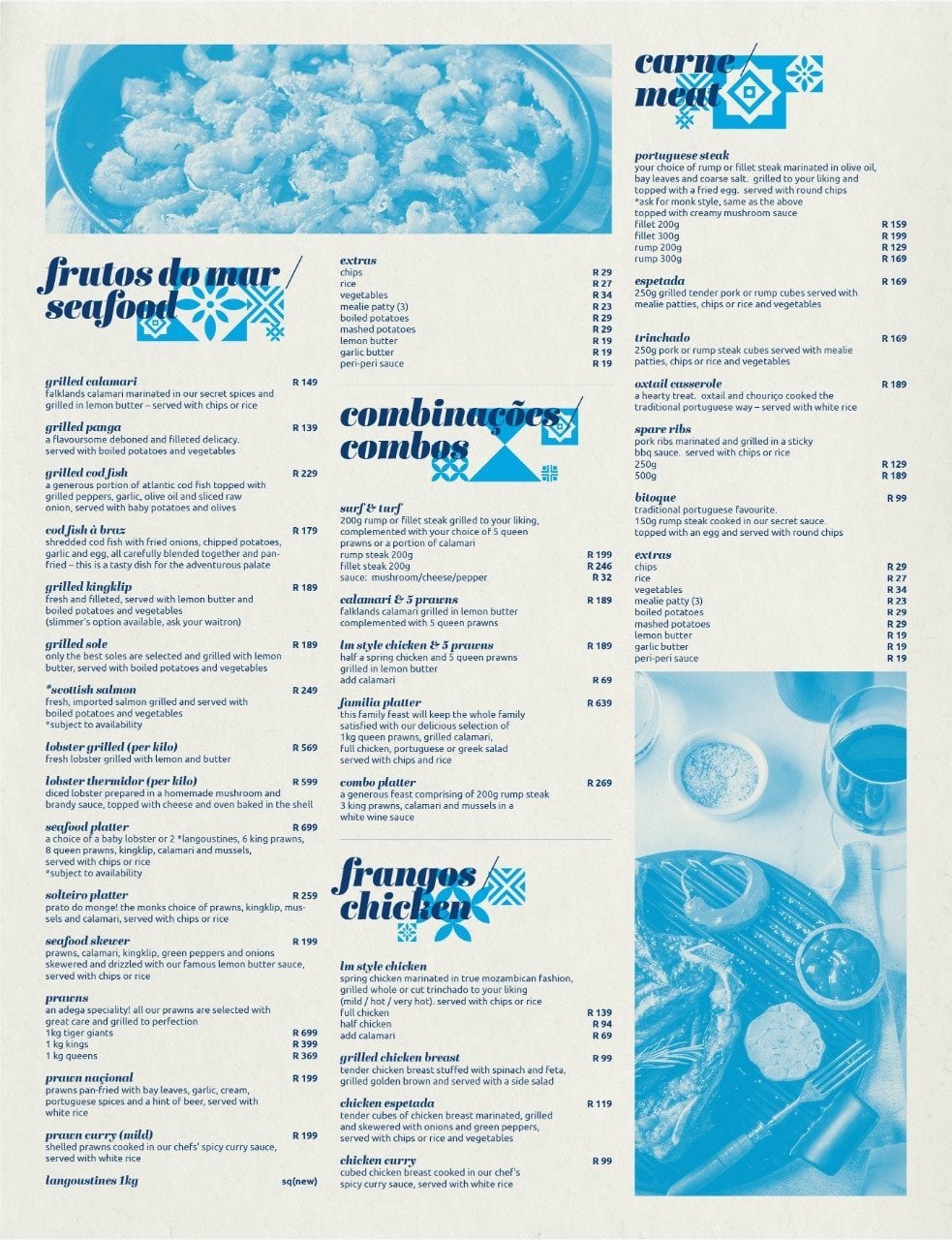 Menu au Adega restaurant, Alberton