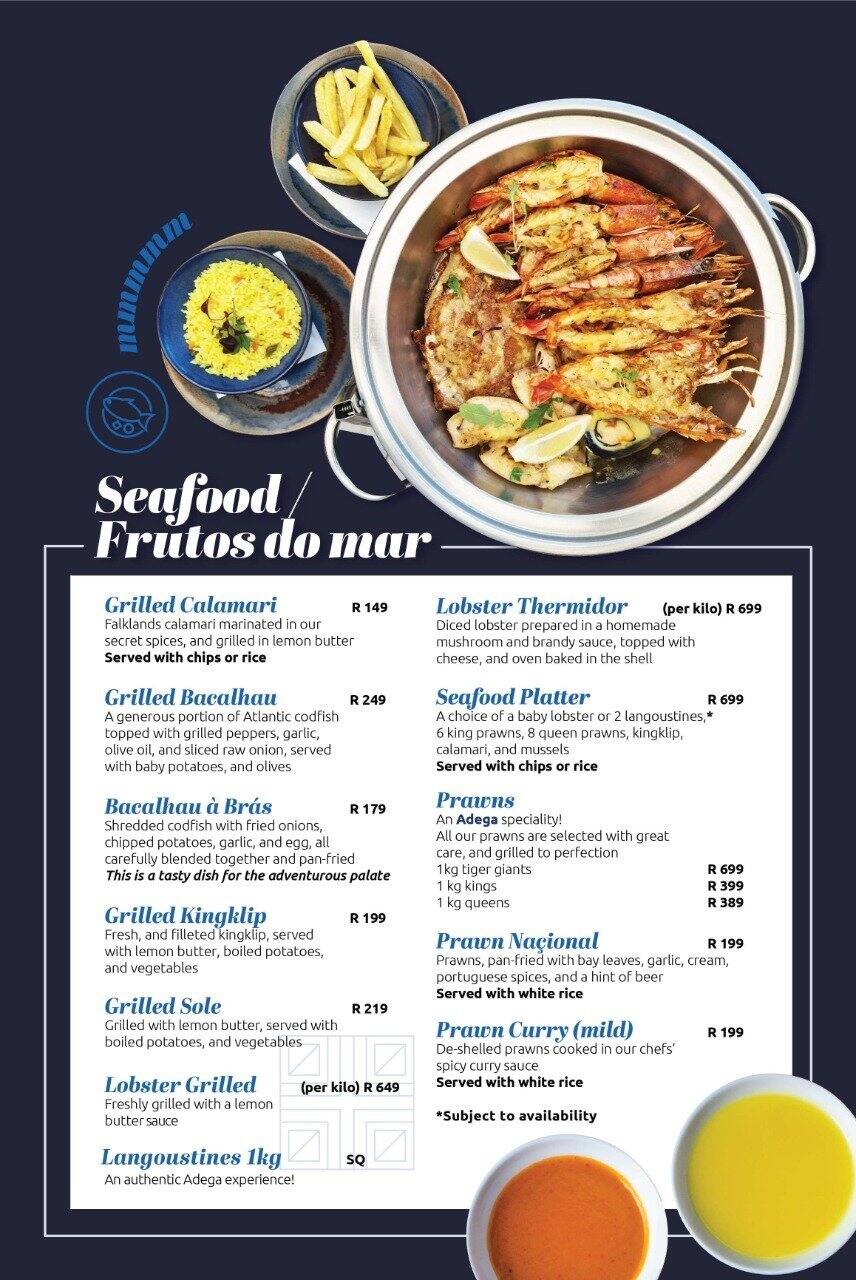 Menu au Adega restaurant, Alberton