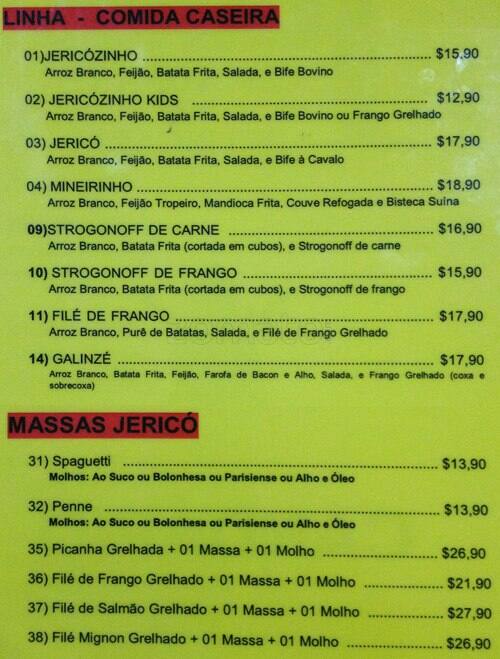 Menu at Jericó Restaurante e Petiscaria, Brasília