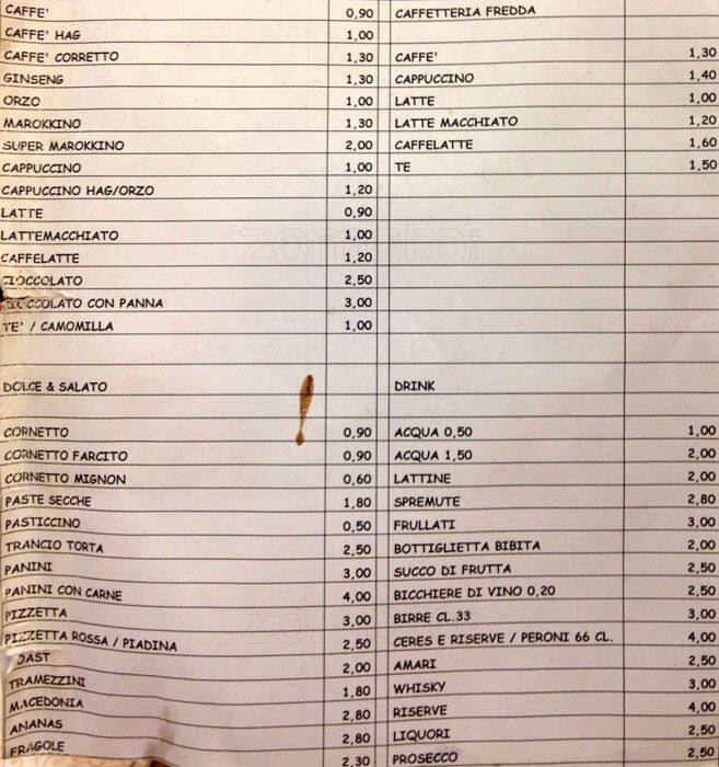 Menu at Bar San marcello, Rome, Via di S. Marcello