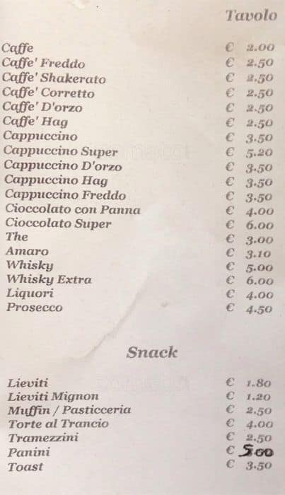 Menu at Bar San marcello, Rome, Via di S. Marcello