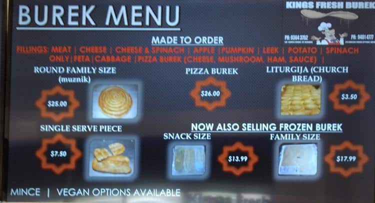Menu at Kings Fresh Burek cafe, Saint Albans