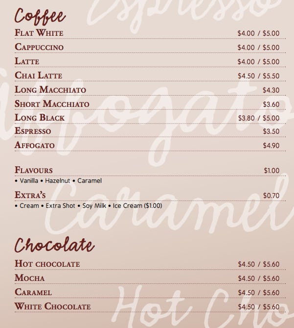 Menu at The Tea and Coffee Merchant restaurant, Kalamunda