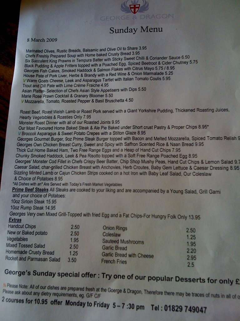 Menu at George & Dragon pub & bar, Great Barrow