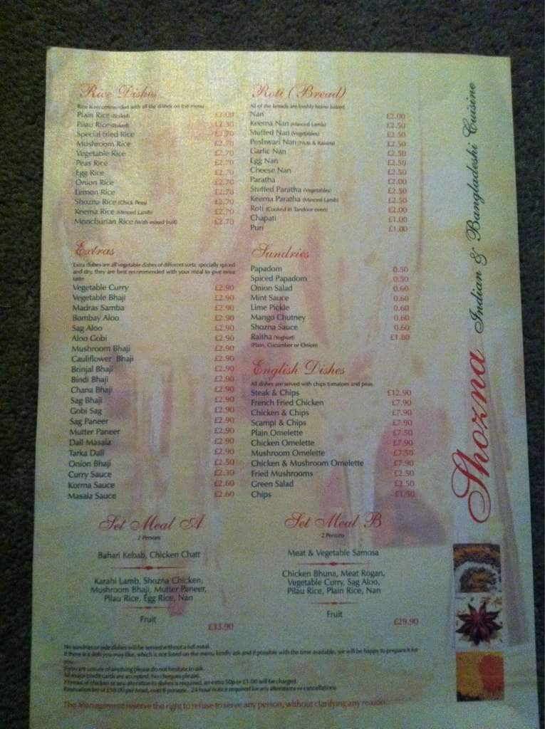Menu at Shozna restaurant, Rochester, 18 High Street Strood