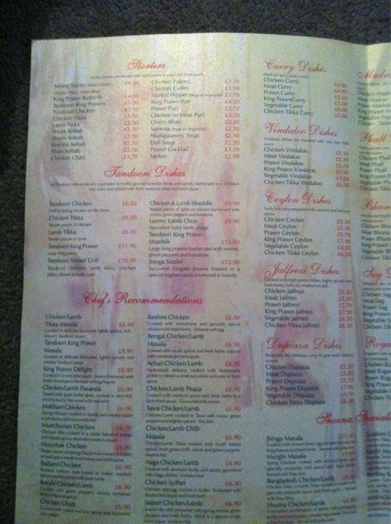 Menu at Shozna restaurant, Rochester, 18 High Street Strood