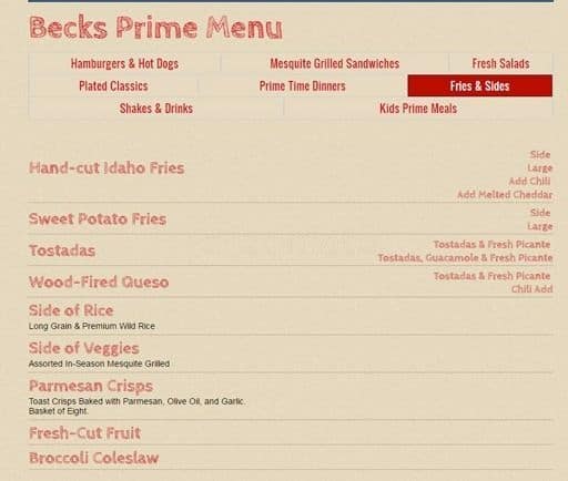 Menu at Becks Prime restaurant, Sugar Land, Hwy 6