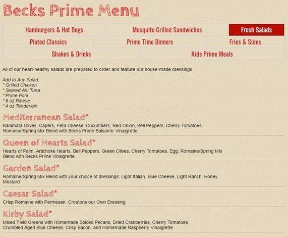Menu at Becks Prime restaurant, Sugar Land, Hwy 6