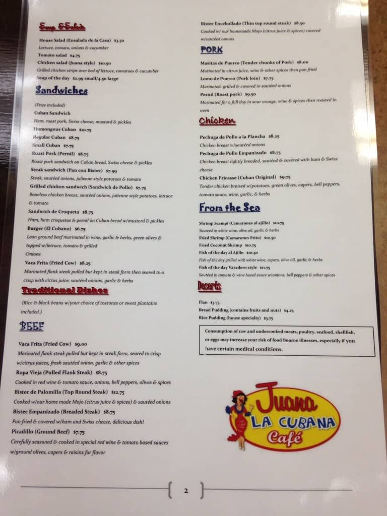 Menu at Juana La Cubana Cafe, Dania Beach