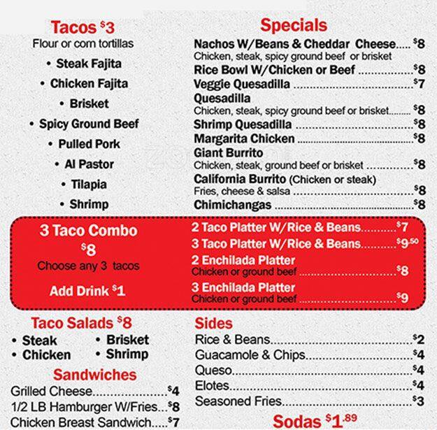 Menu at Taco Borracho restaurant, Dallas
