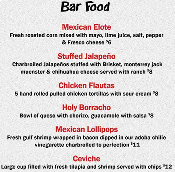 Menu at Taco Borracho restaurant, Dallas