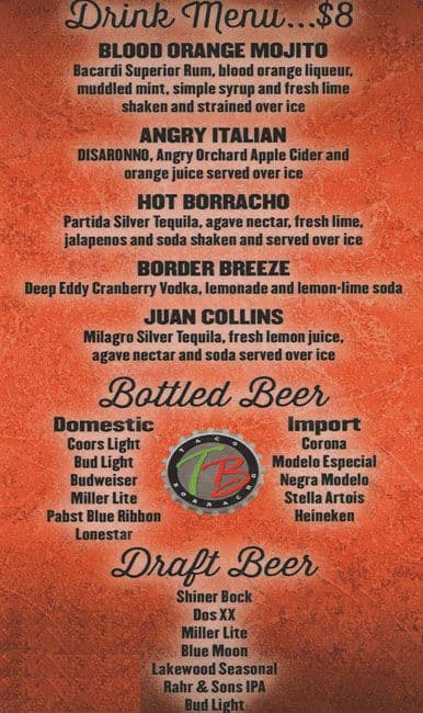 Menu at Taco Borracho restaurant, Dallas