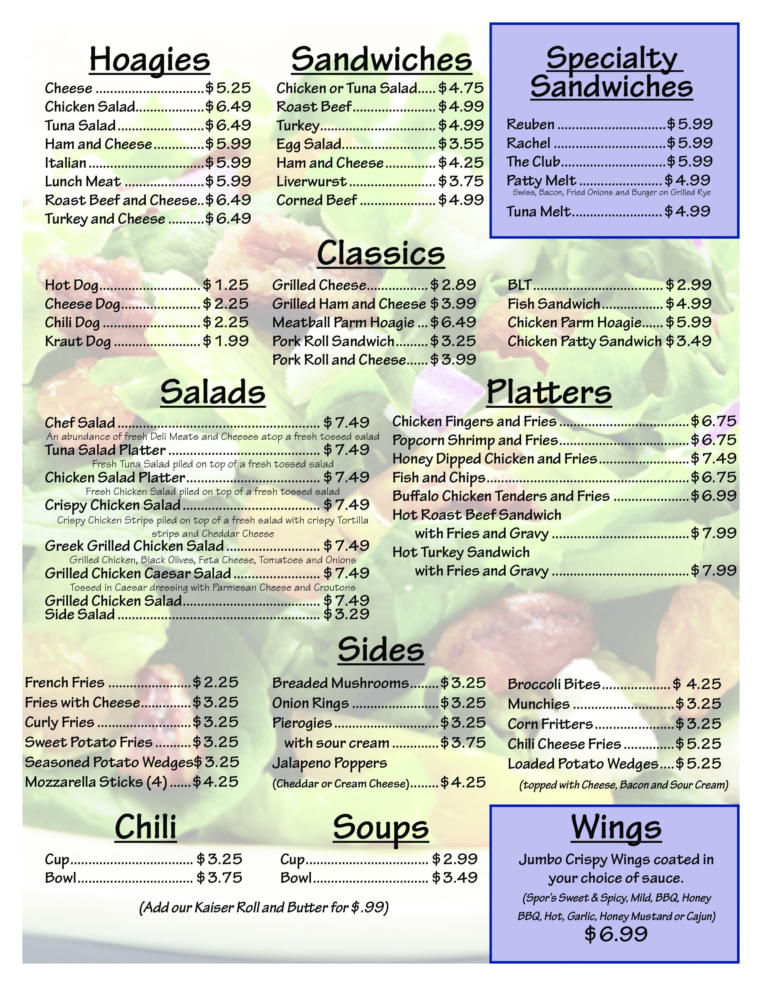 Menu at Spor's General Store restaurant, Trumbauersville