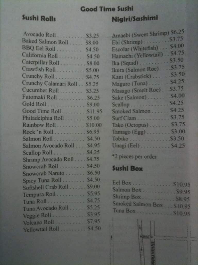 Menu at Good Time Sushi restaurant, New Orleans