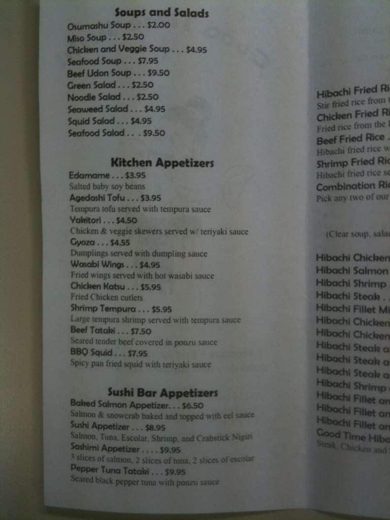 Menu at Good Time Sushi restaurant, New Orleans