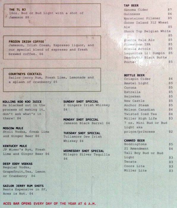 Menu at Ace's Bar, San Francisco