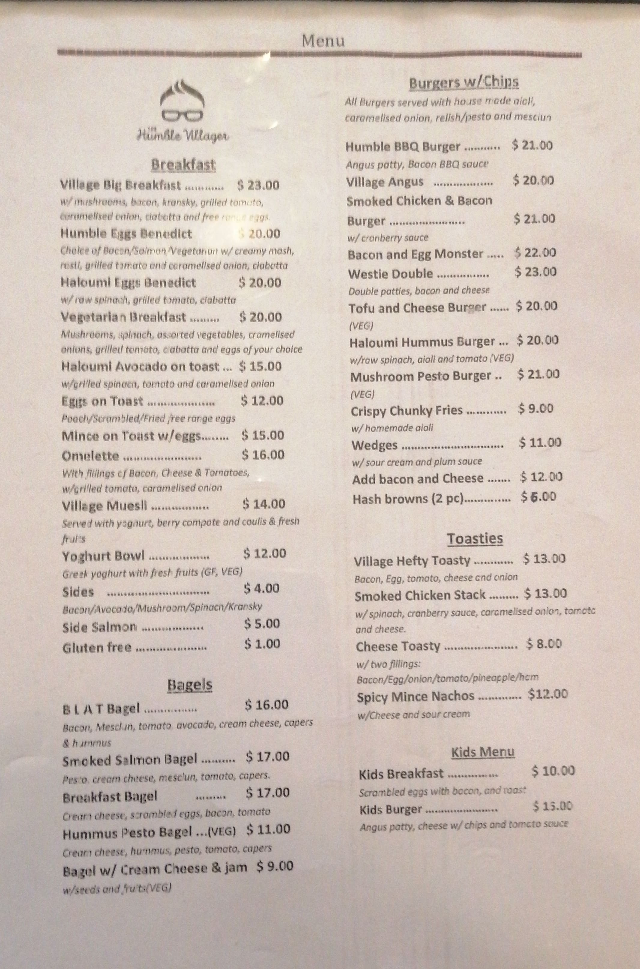 Menu at Humble Villager cafe, Auckland