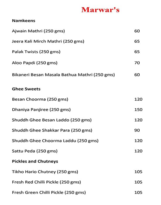 Menu of Marwar's, Wagholi, Pune