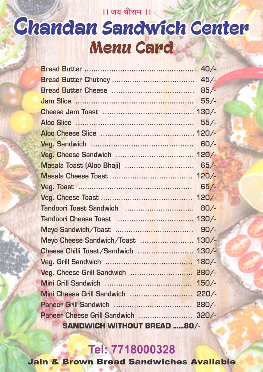Menu of Chandan Sandwich Centre, Vile Parle East, Mumbai