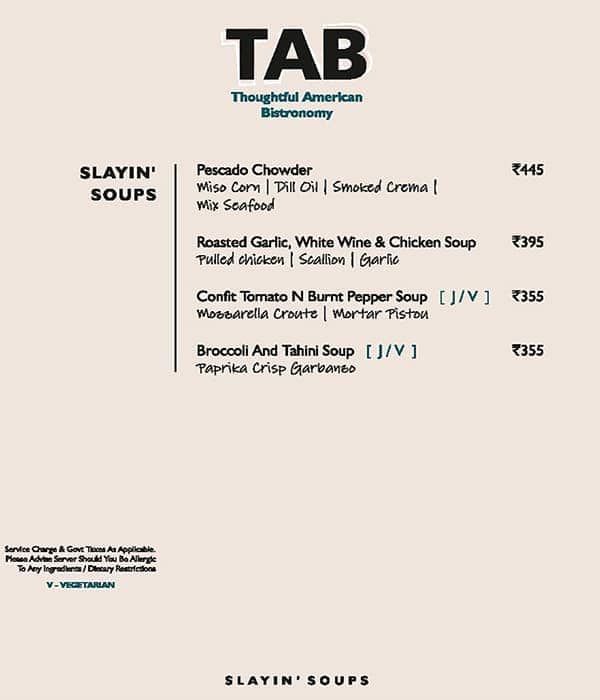 Menu of TAB - Thoughtful American Bistronomy, Lower Parel, Mumbai