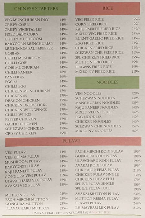 Menu of Sun Kitchens, Kukatpally, Hyderabad