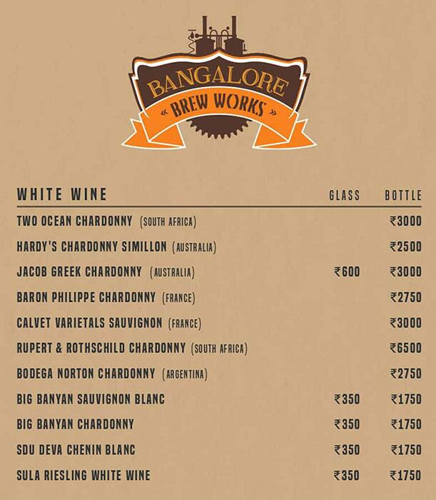 Menu at Bangalore Brew Works, Bengaluru, 99