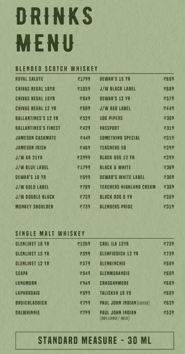 Menu of Bangalore Brew Works, Residency Road, Bangalore