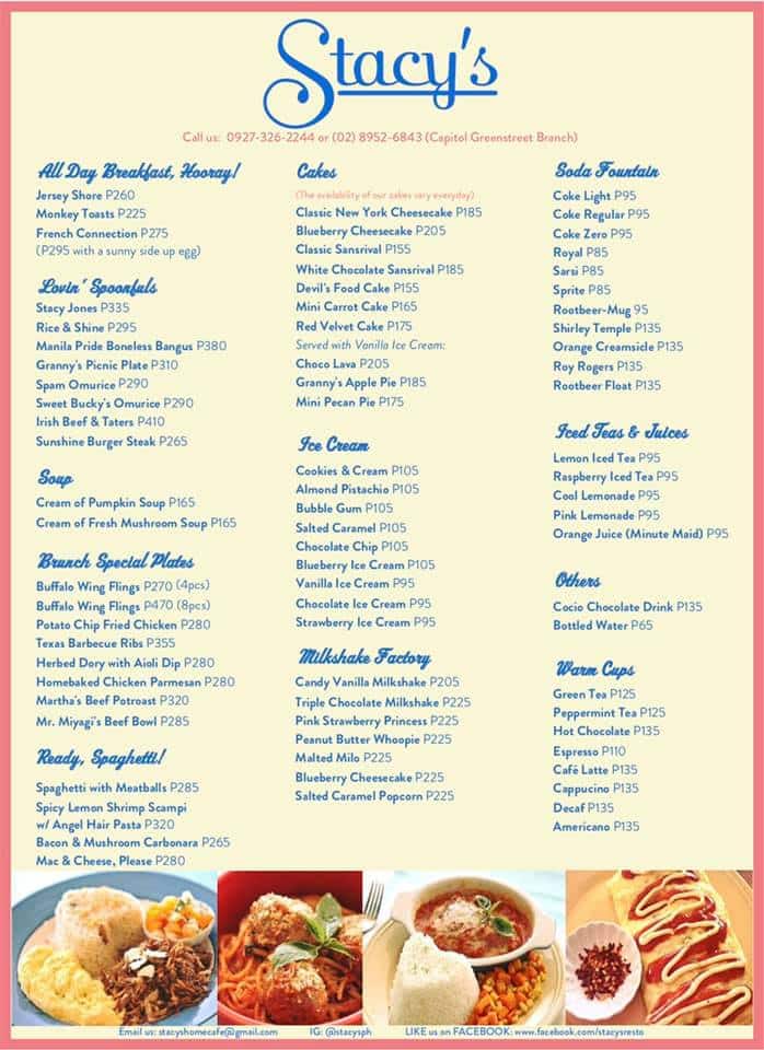Menu at Stacy's restaurant, Quezon City, Capitol Greenstreet Commercial ...