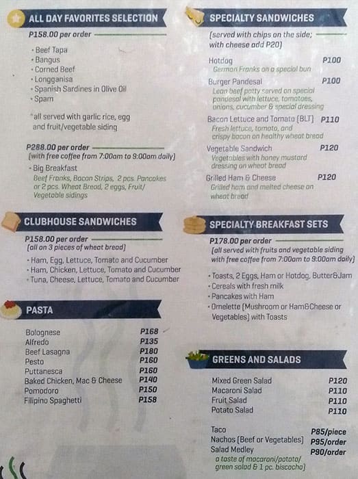 Menu at Tricky's cafe, Makati