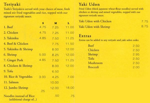 Menu at Toshi restaurant, Brampton