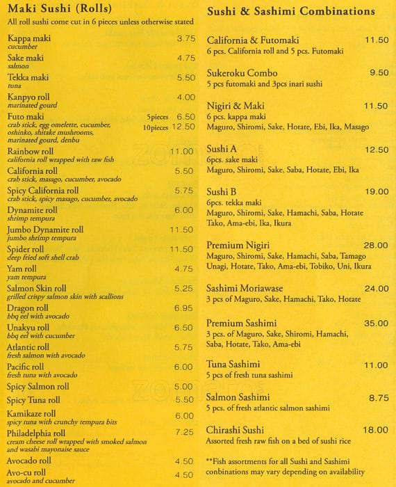 Menu at Toshi restaurant, Brampton